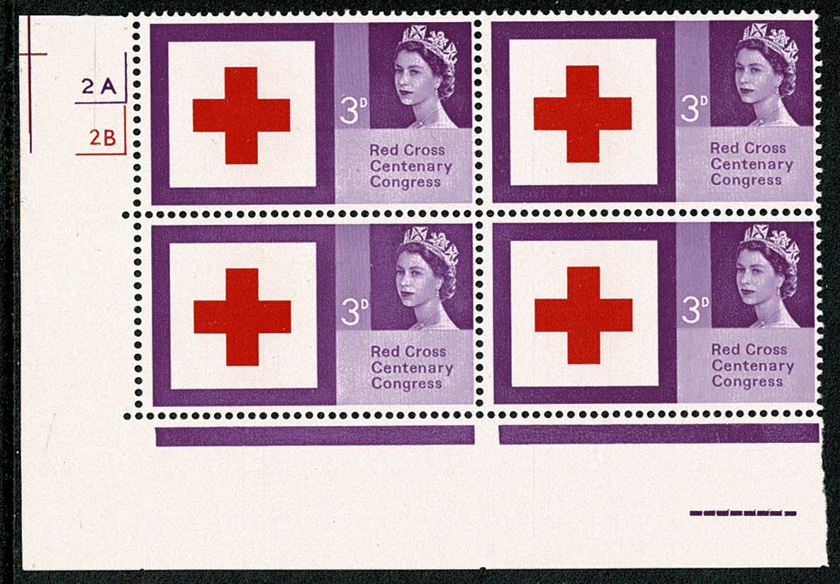 1963 Red Cross 3d (ord). Cyl. 2A 2B no dot block of four.