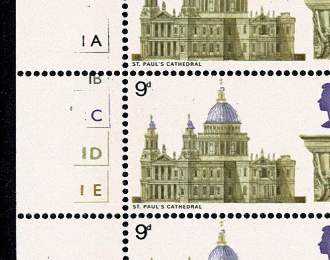 1969 Cathedrals 9d . Cyl. 1A 1B 2C 1D 1E no dot block of 6 "absent 2"