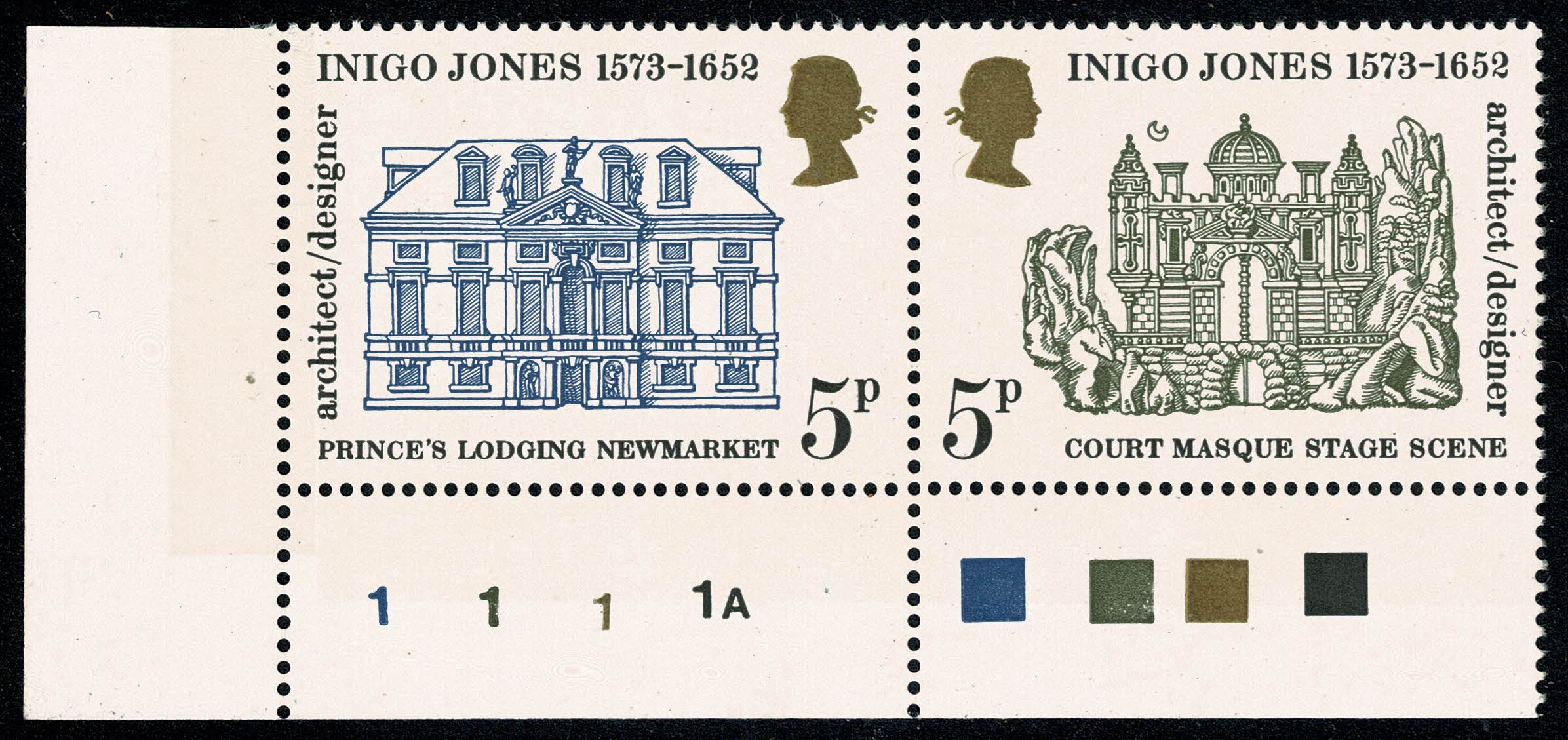 1973 Inigo Jones 5p Plate 1111A pair with extra 9mm phos band. SG 937c